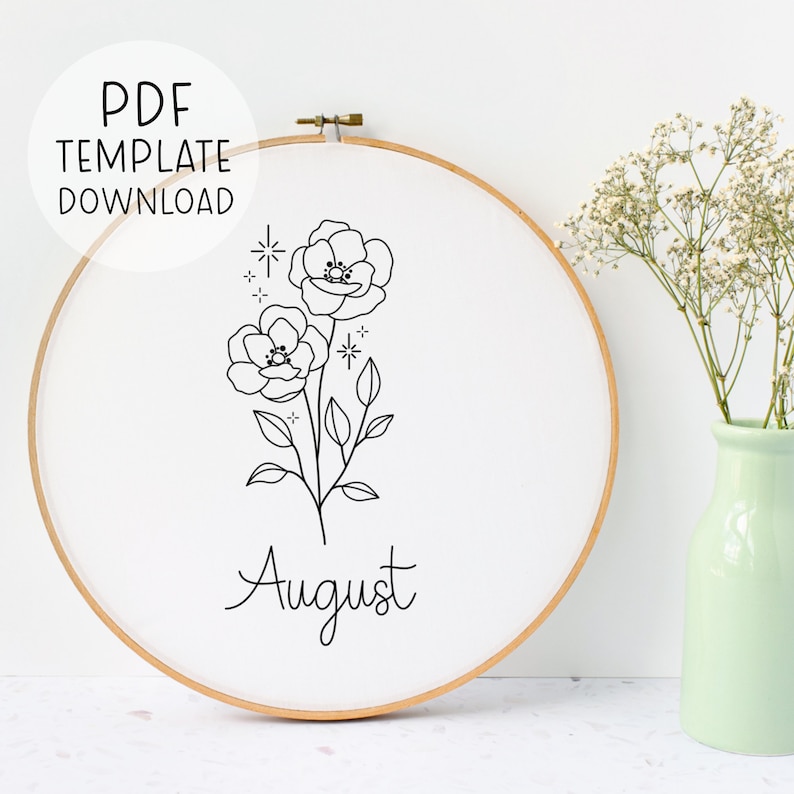 August Birth Flower Embroidery Pattern Template, Handmade Birthday Gift ...