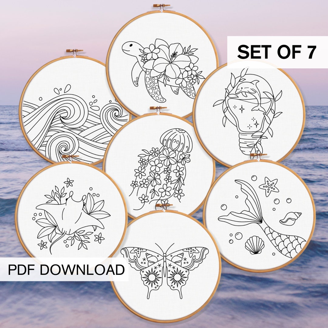 Ocean Embroidery Patterns BUNDLE, Sea Embroidery Patterns Jellyfish ...