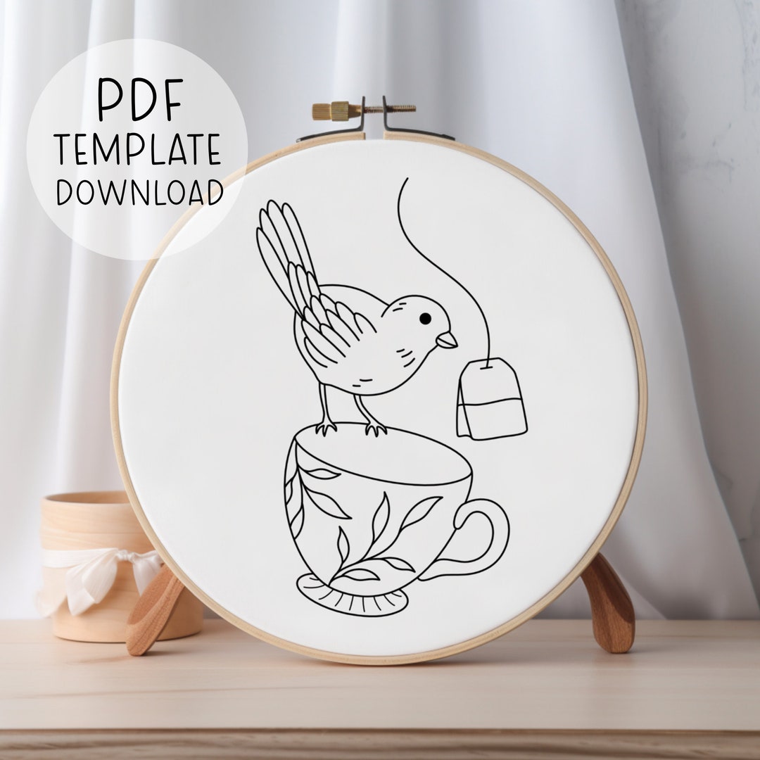 Tea Embroidery Pattern PDF, Easy Bird Embroidery Pattern, Bird Lover ...