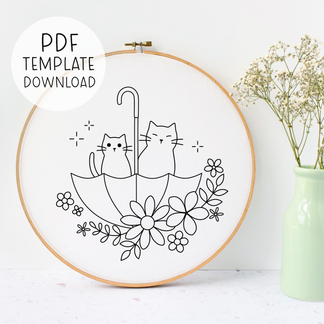 Umbrella Cats Embroidery Pattern Template, Cute Cat Embroidery, Cat ...