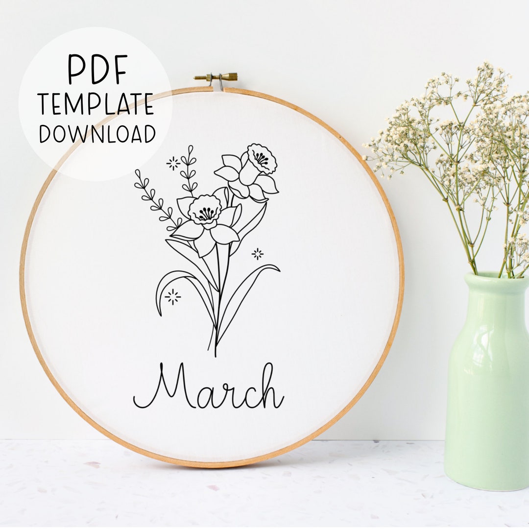 March Birth Flower Embroidery Pattern Template March Embroidery ...