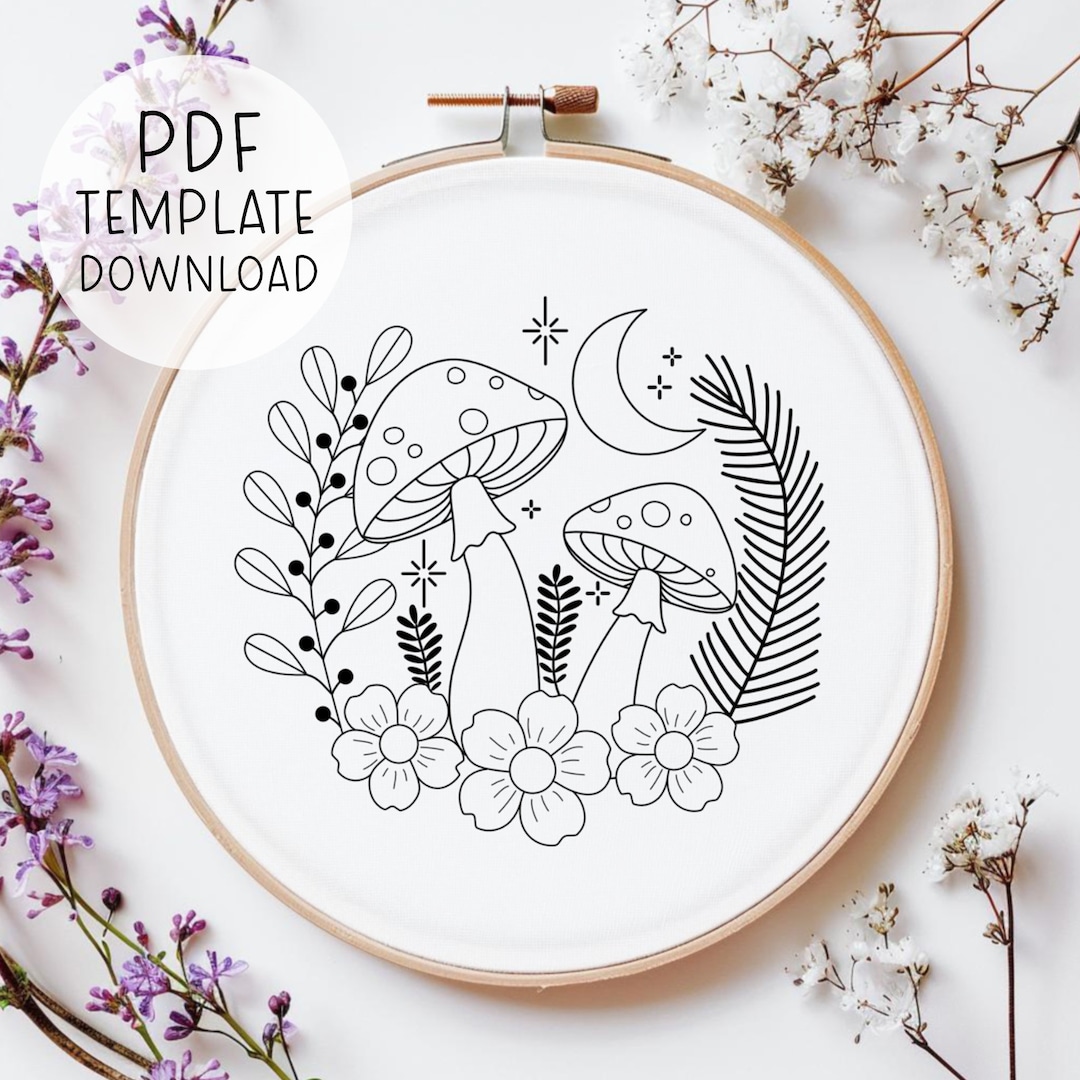 Mushroom Forest Embroidery Pattern Template, Whimsical Forest ...