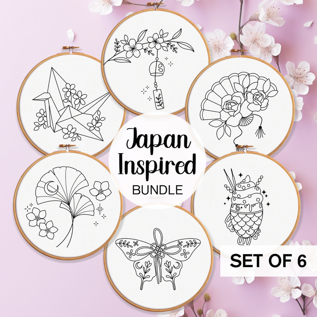 Japan Inspired Embroidery Pattern Bundle, 6 Japanese Hand Embroidery ...