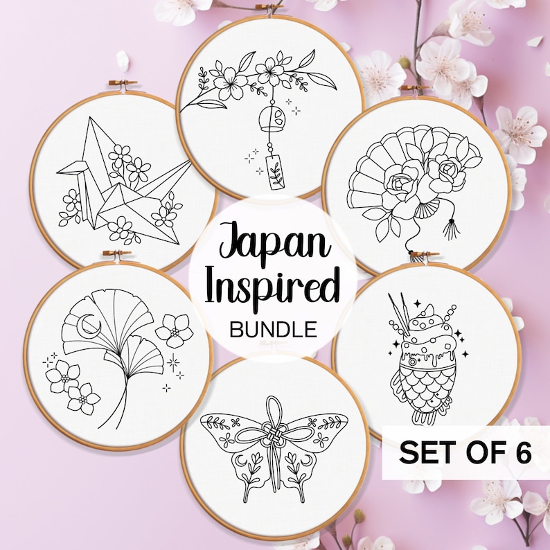 Japan Inspired Embroidery Pattern Bundle, 6 Japanese Hand Embroidery ...