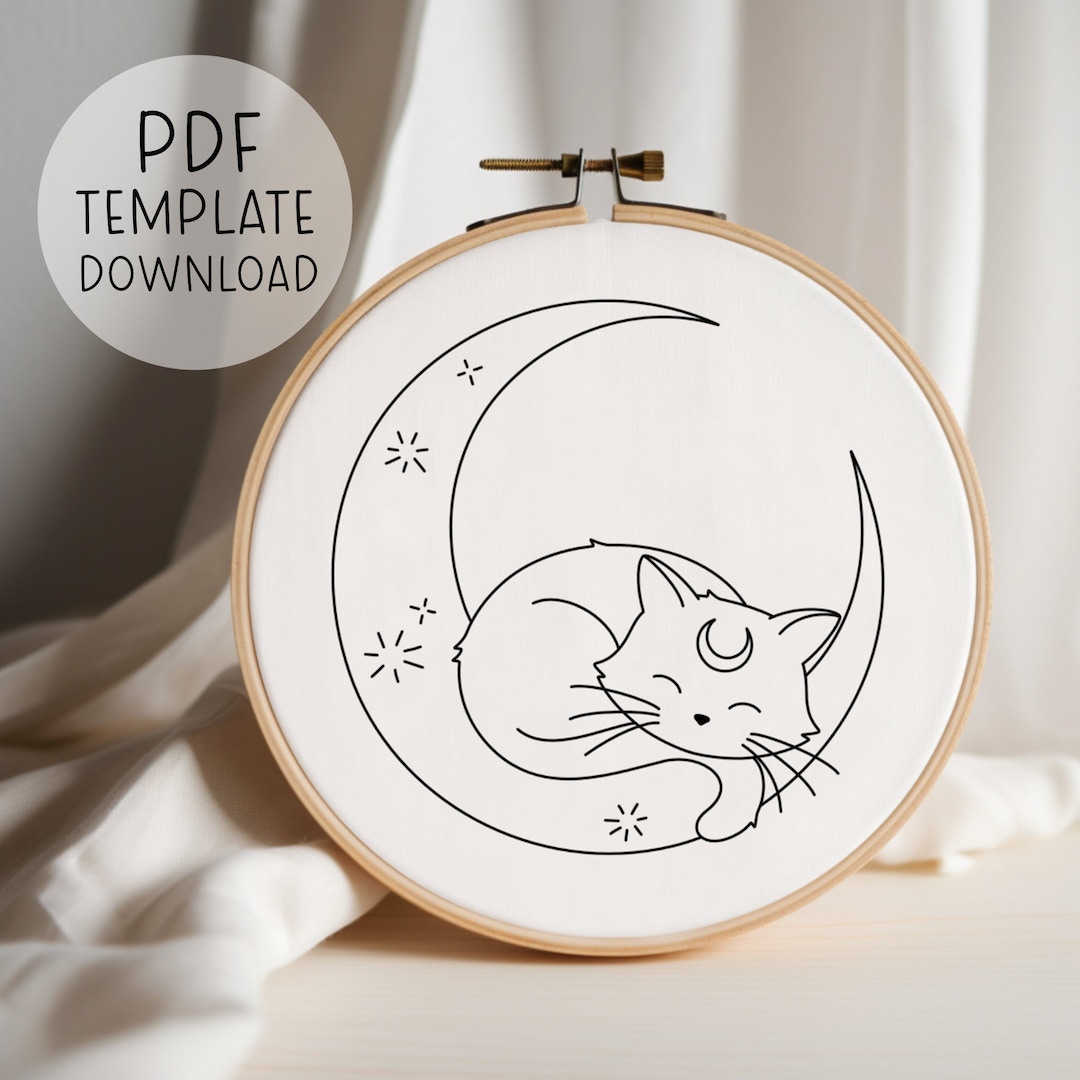 Moon Cat Embroidery Pattern Download, Crescent Moon Needlepoint Pattern ...