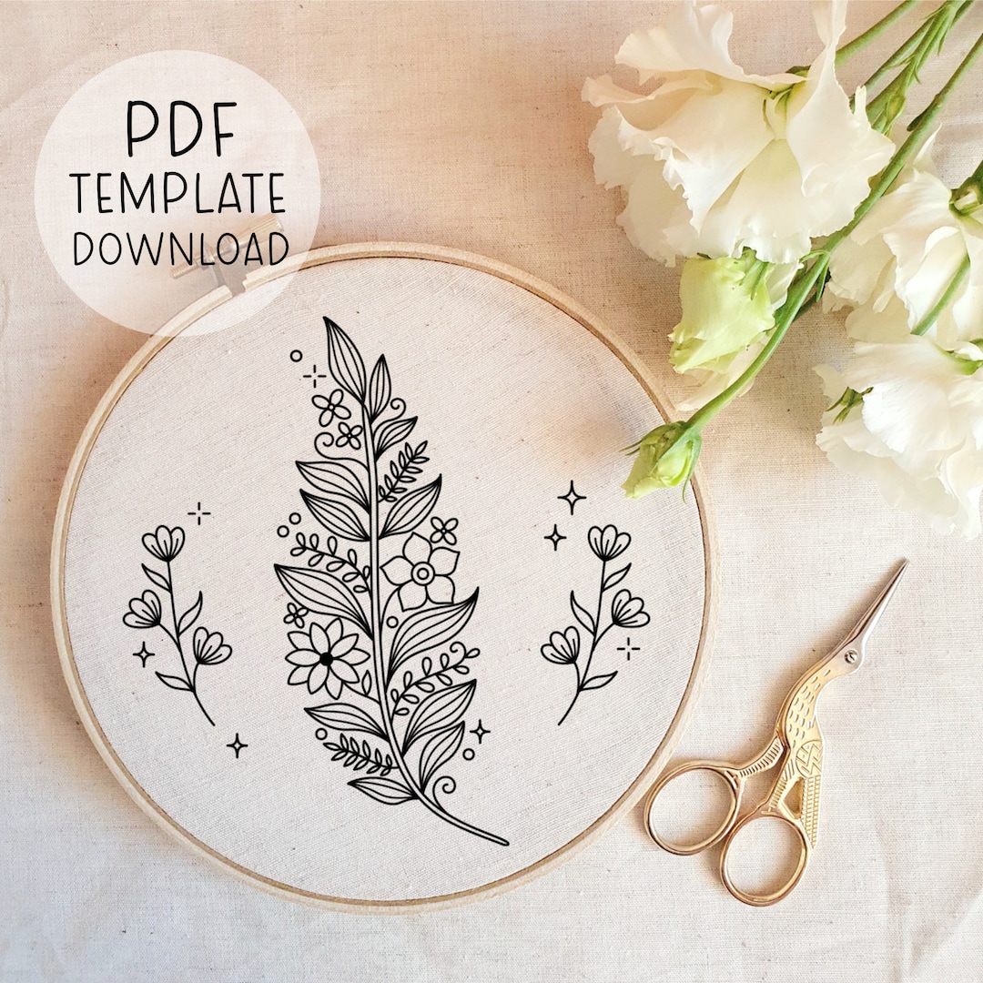 Feather Embroidery Design Pattern, Handmade Gift, Floral Feather ...