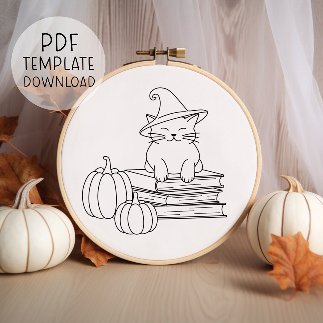 Witchy Cat Embroidery Pattern Download, Witch Cat Embroidery Halloween ...