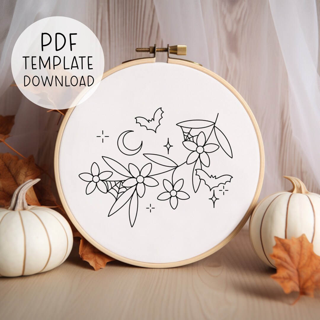 Bat Flower Embroidery Pattern Download, Halloween Plant Embroidery Art ...