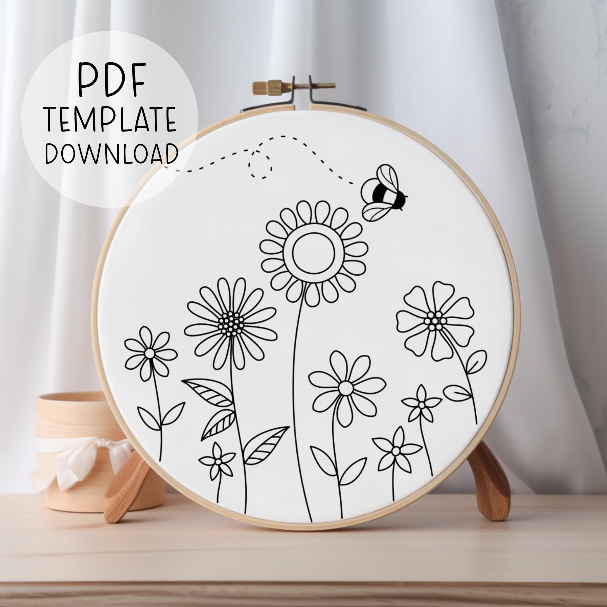 Floral Bee Embroidery Template Pattern, Floral Embroidery Design ...