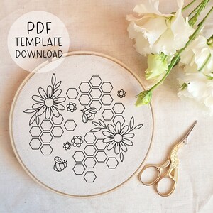 Flowers and Honeycomb Embroidery Pattern Template, Bee Lover Handmade ...