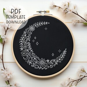 Flower Moon Embroidery Pattern Download, Floral Celestial Embroidery ...