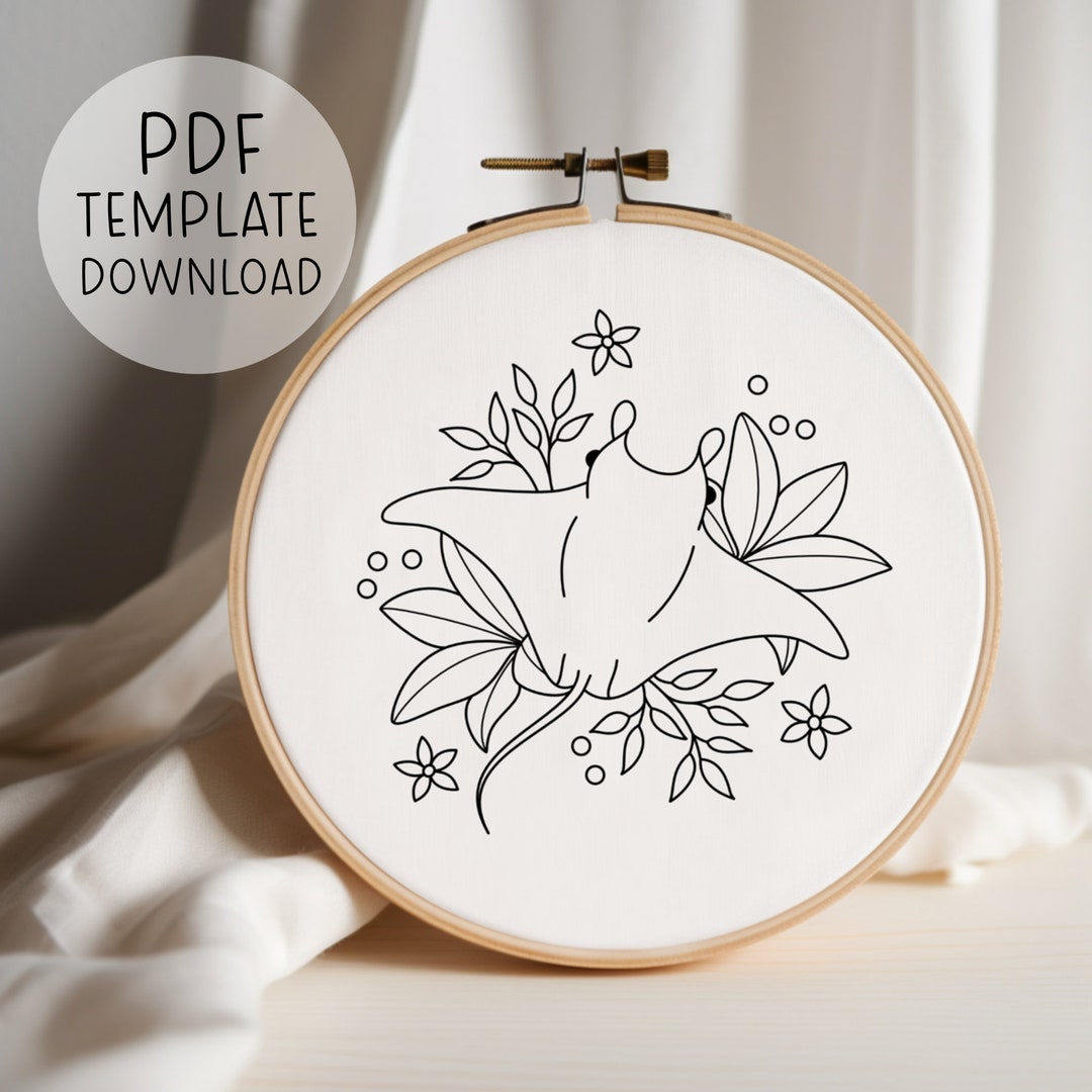 Manta Ray Embroidery Pattern Download, Floral Ocean Needlepoint Pattern ...