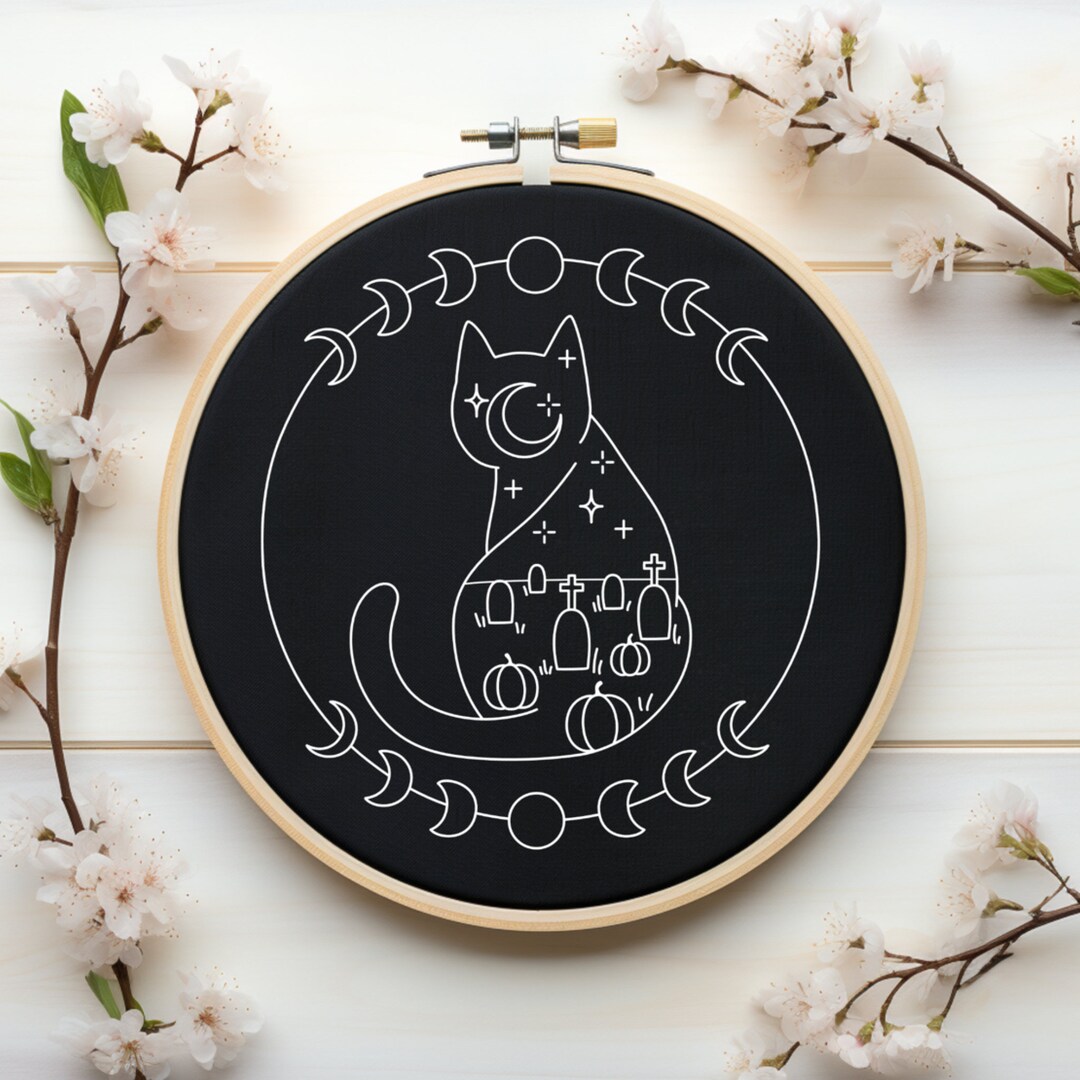 Cemetery Cat Embroidery Pattern Download, Cute Halloween Cats ...