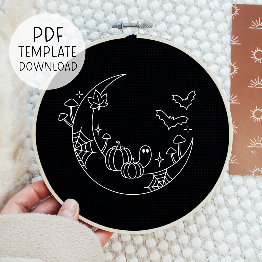 Halloween Moon Hand Embroidery Pattern, Spooky Moon Embroidery Art ...