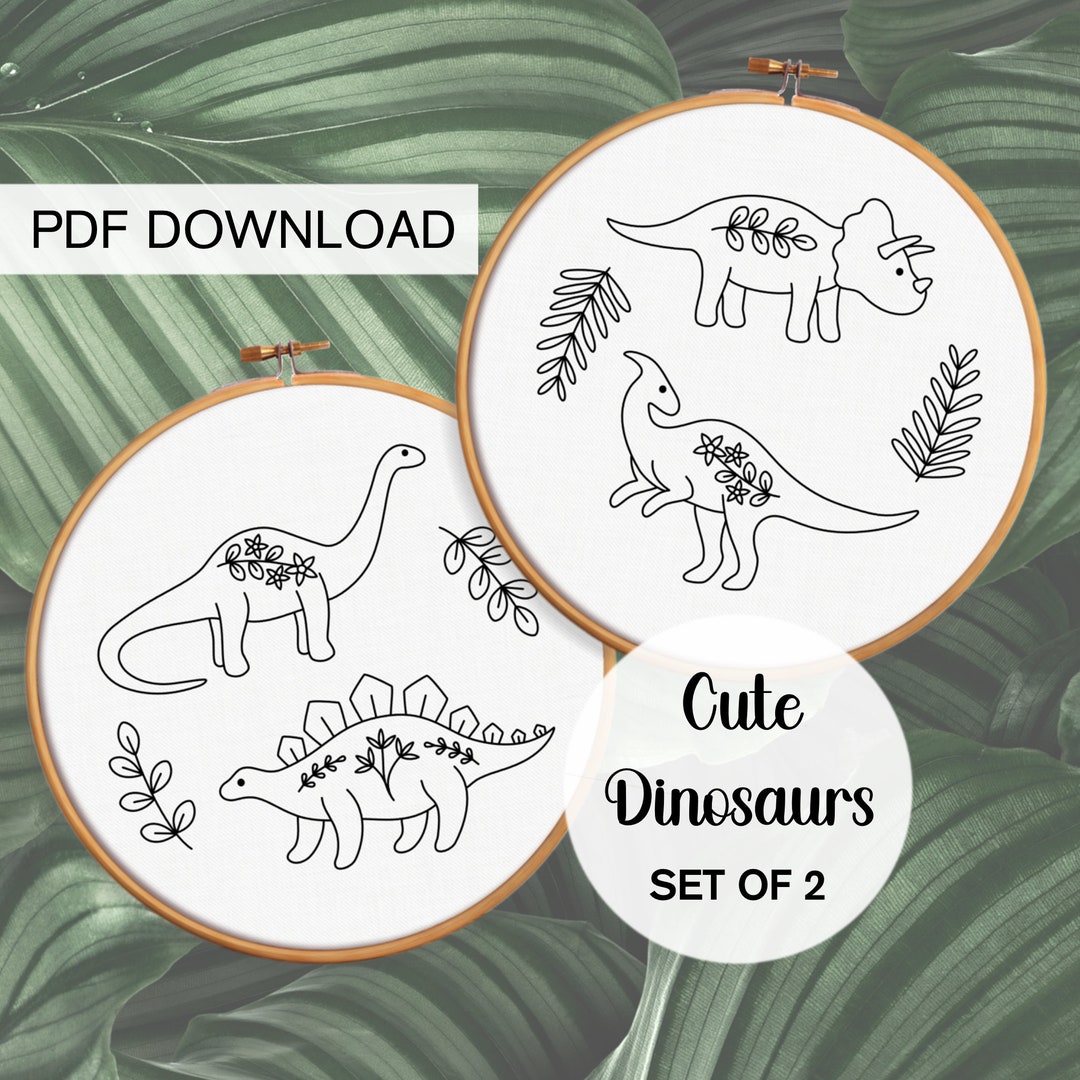Cute Dinosaurs Embroidery Pattern Set of 2, Beginner Kids Hand ...