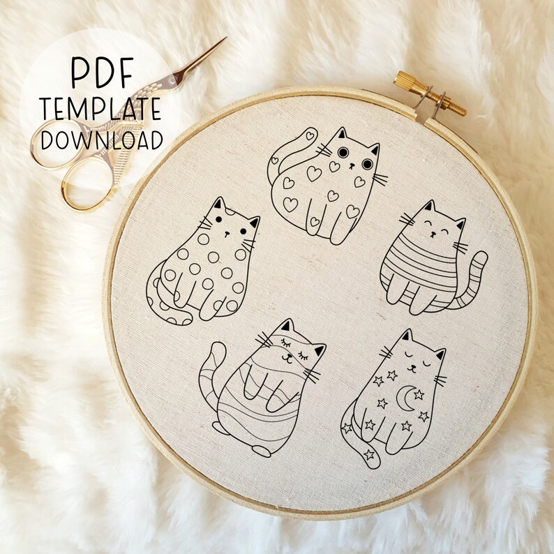 Fun Pattern Cute Cats Embroidery Pattern Template Stars Cat Design ...