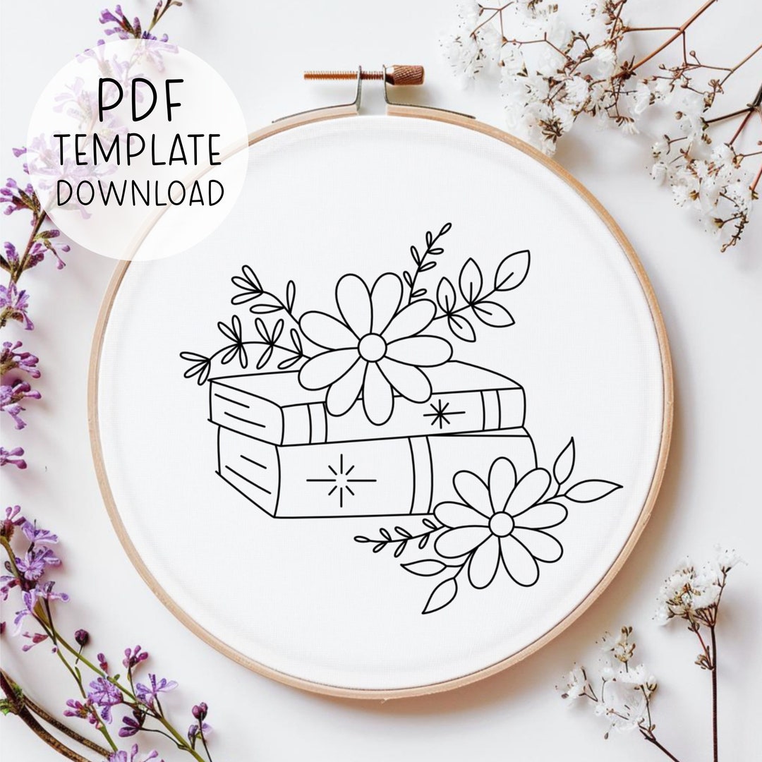 Books With Flowers Embroidery Pattern Download, Reading Book Decor ...
