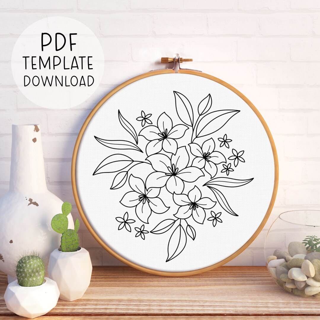 Pretty Flowers Embroidery Pattern Template, Floral Embroidery Design ...