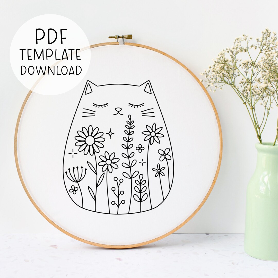 Chonky Cat Embroidery Pattern Template, Cute Cat Hand Embroidery, Cat ...