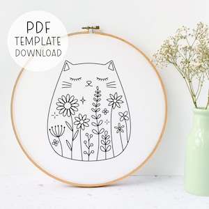 Chonky Cat Embroidery Pattern Template, Cute Cat Hand Embroidery, Cat ...