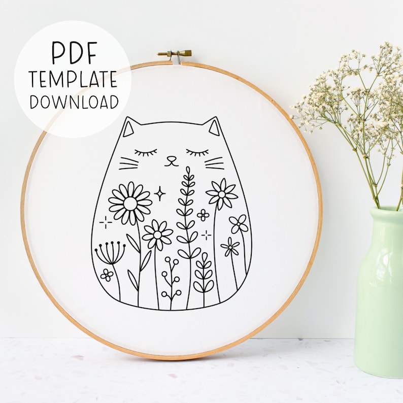 Chonky Cat Embroidery Pattern Template, Cute Cat Hand Embroidery, Cat ...