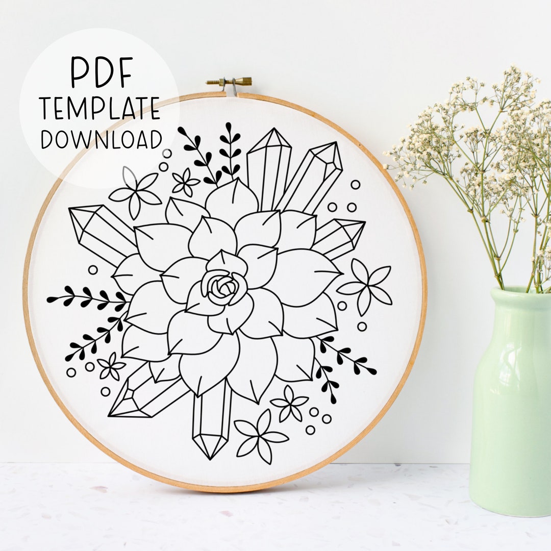 Succulent and Crystals Embroidery Template Pattern, Succulent ...