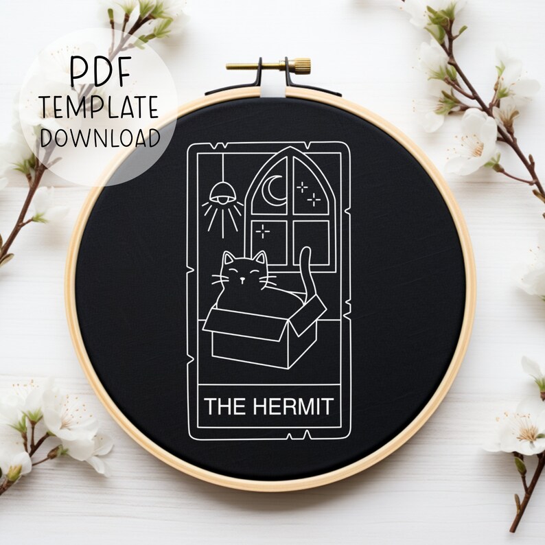 The Hermit Tarot Card Embroidery Pattern Download, Cat Lover Embroidery ...