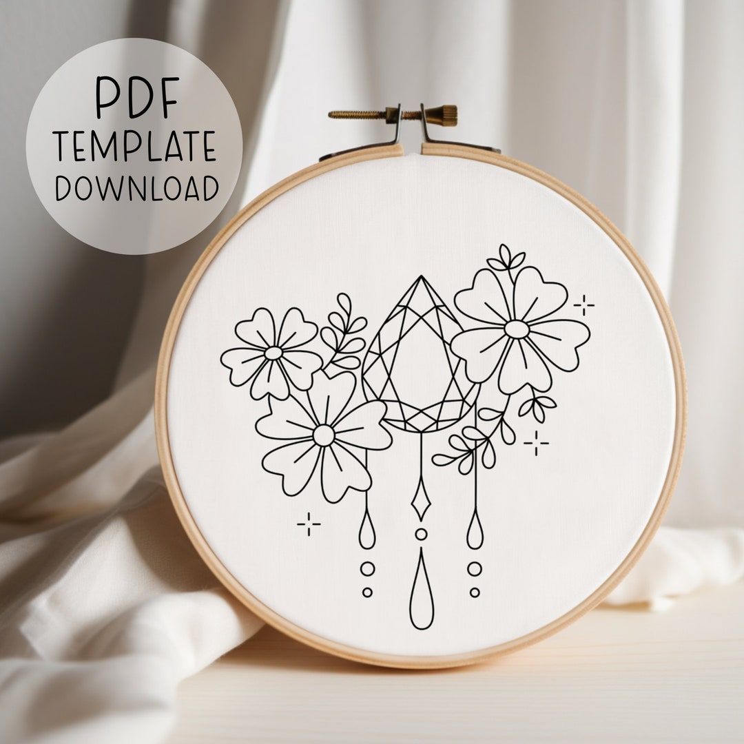 Gemstone Embroidery Pattern, Floral Hand Embroidery Design, Whimsical ...