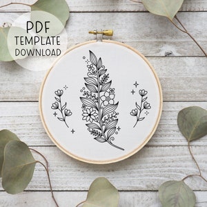 Feather Embroidery Design Pattern, Handmade Gift, Floral Feather ...