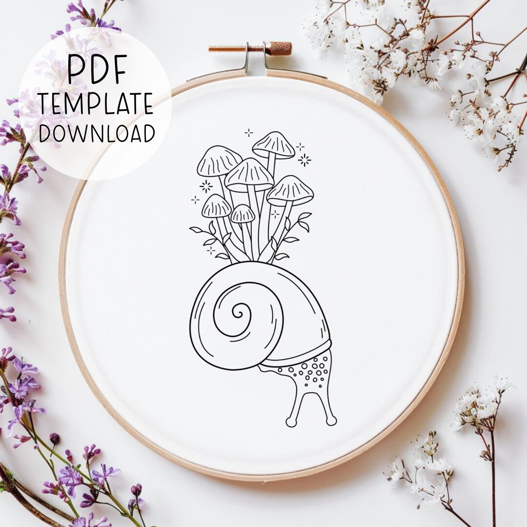 Mushroom Snail Embroidery Pattern Template Mushroomcore Embroideries Mushroom Needlepoint ...