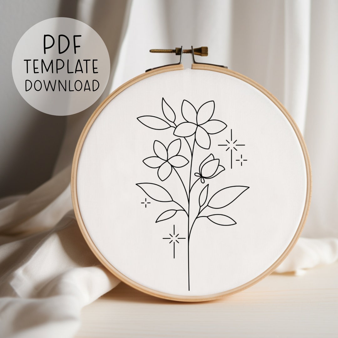 Flowers and Sparkles Embroidery Pattern Template, Beginner Embroidery ...