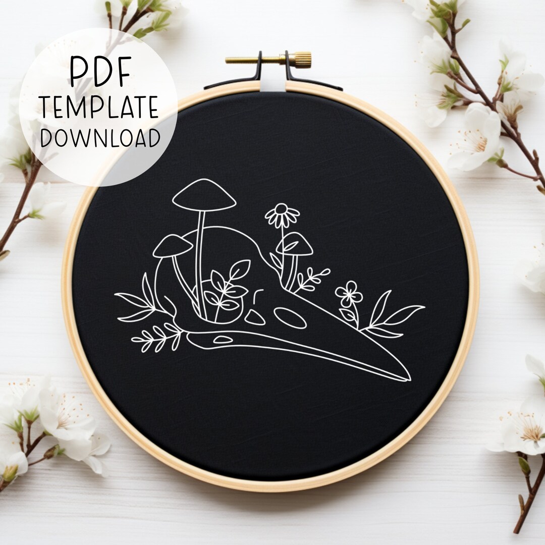 Raven Skull Embroidery Pattern, Mushrooms Embroidery Art, Gothic ...