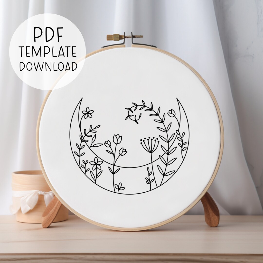 Leafy Crescent Moon Embroidery Pattern Download, Leaves Celestial ...