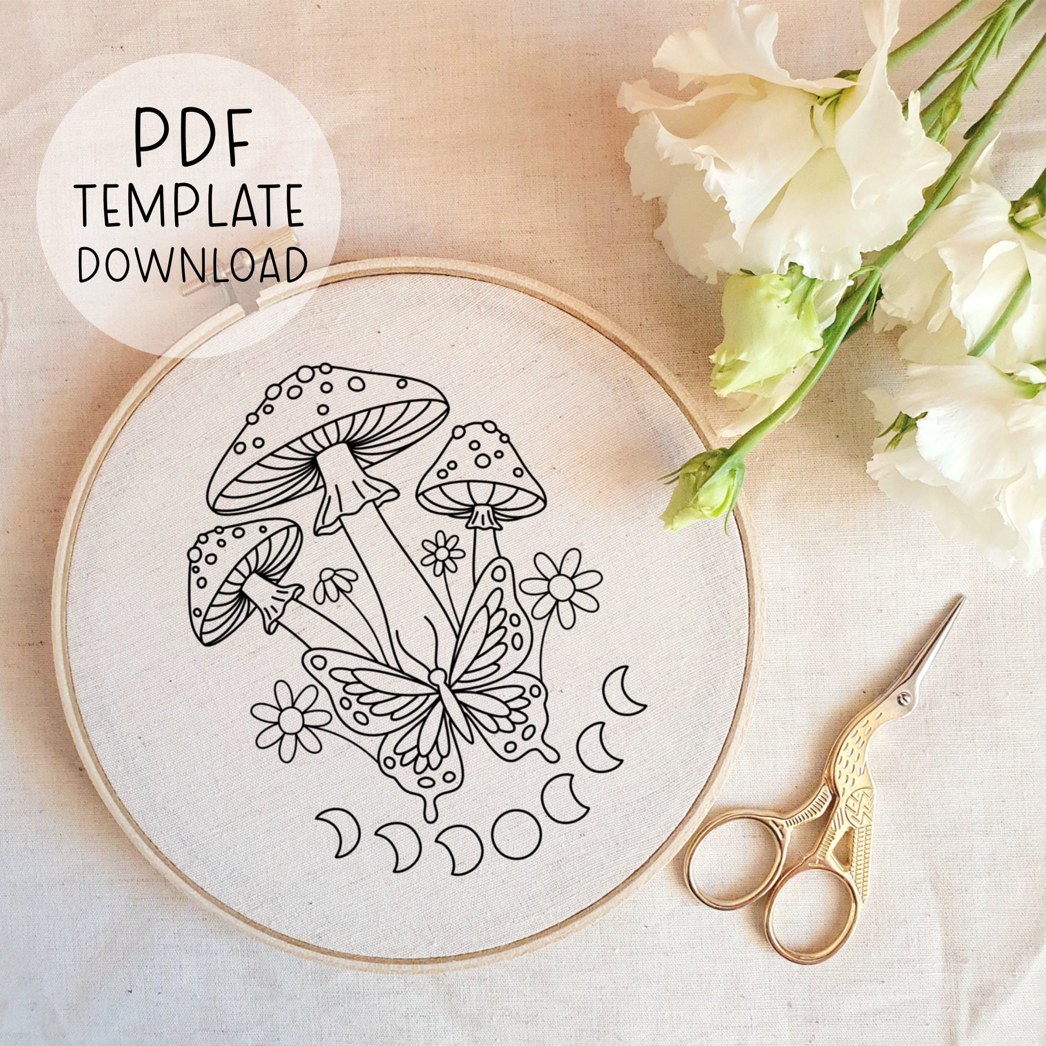 Y2K Mushrooms Embroidery Pattern, Mushrooms and Moon Embroidery Hoop ...