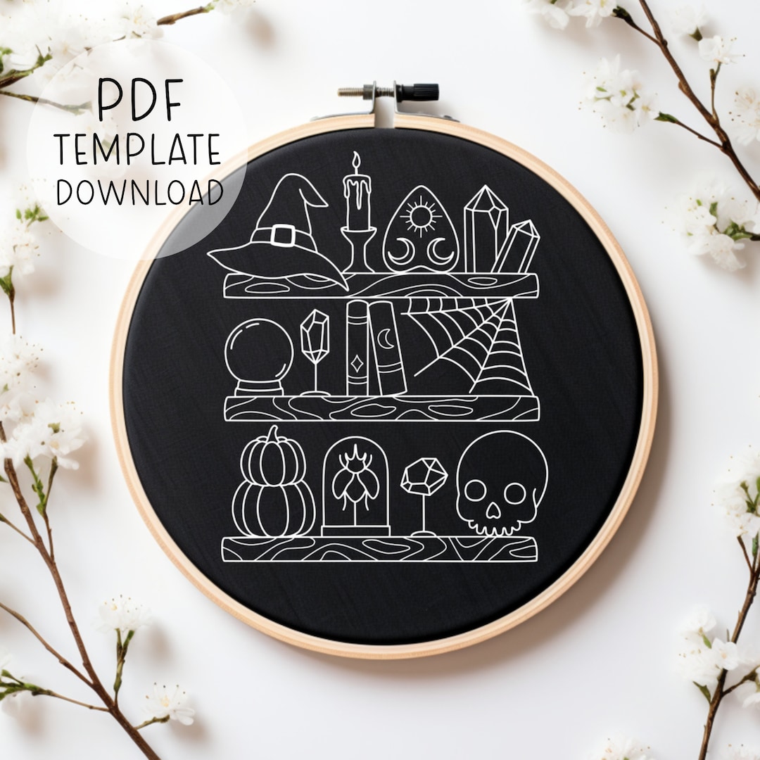 Witchy Shelves Embroidery Pattern, Witch Embroidery Design, Halloween ...