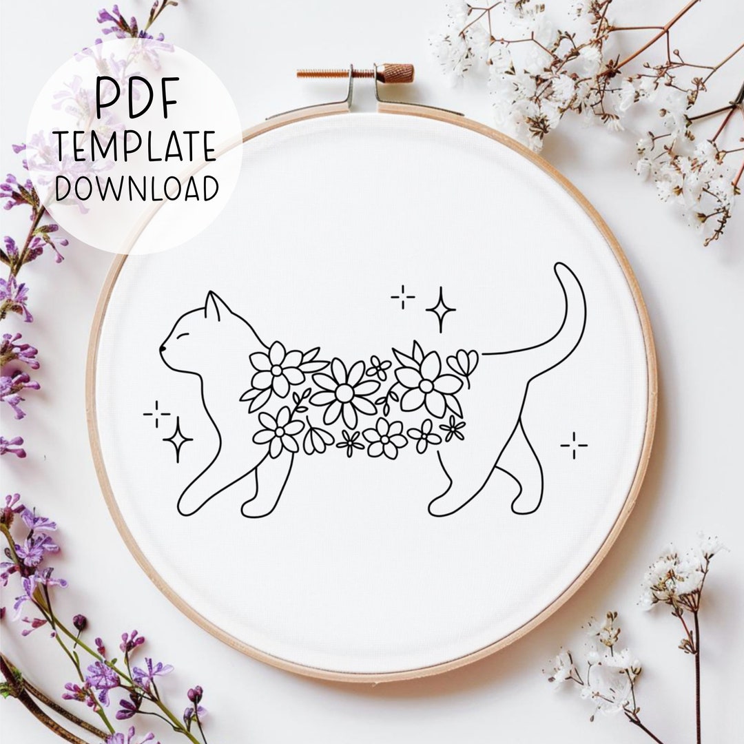 Flower Cat Embroidery Pattern Template, Cute Cat Embroidery, Cat Lover ...