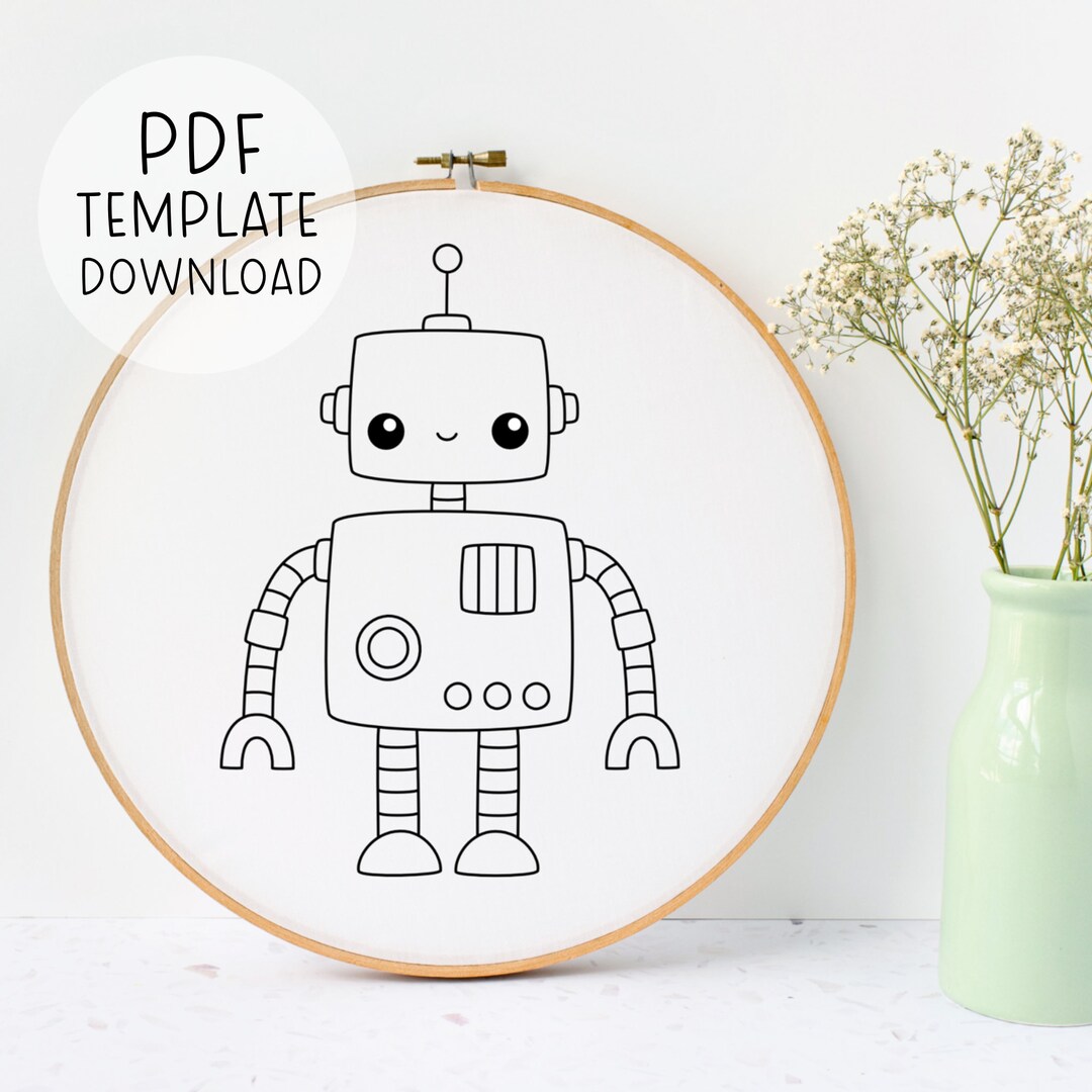 Cute Robot Hand Embroidery Pattern Template, Kids Needlepoint Pattern ...
