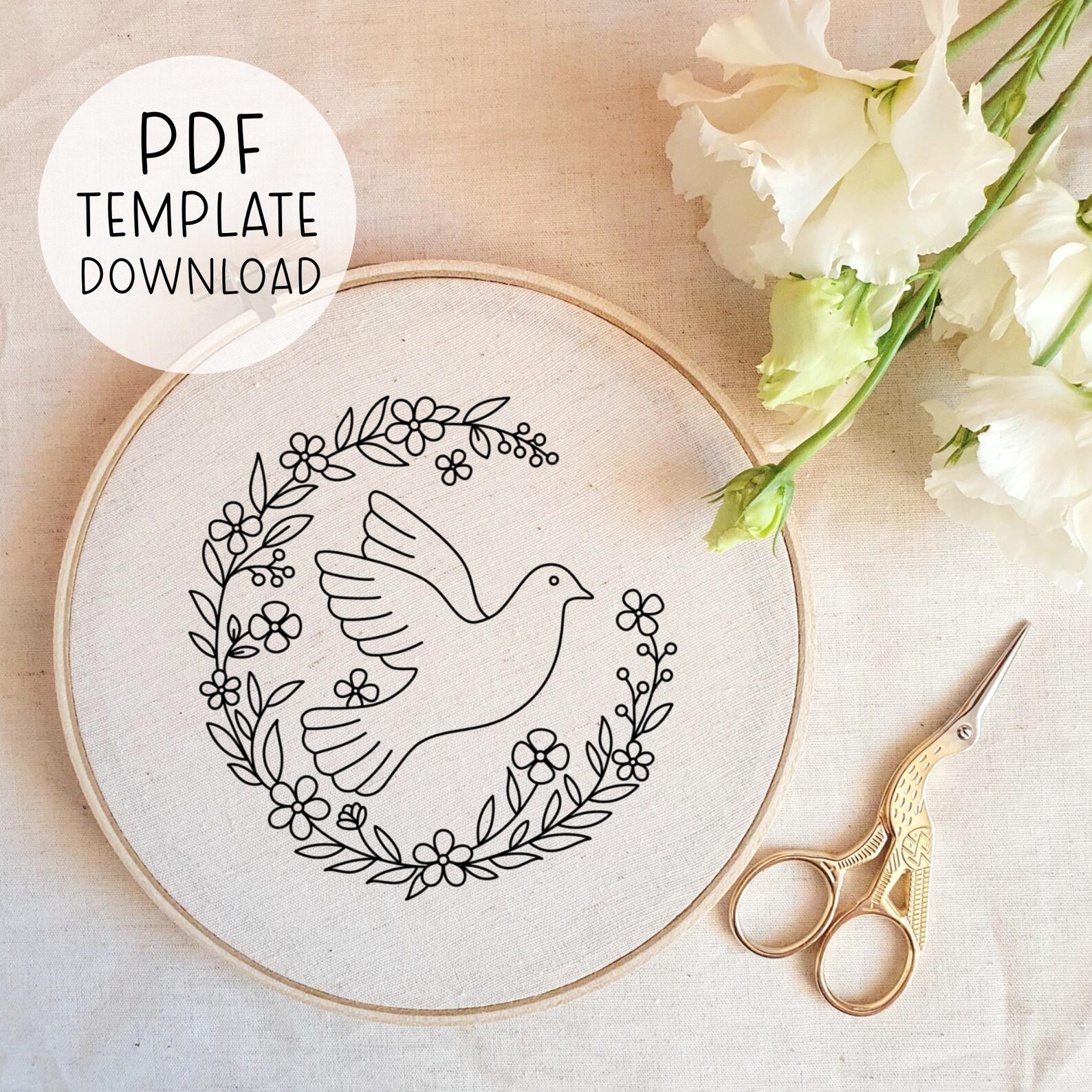 Dove Floral Embroidery Pattern, Cute Christian Hand Embroidery Pattern ...