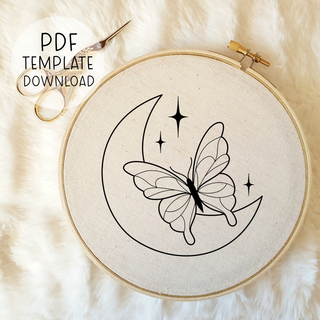 Crescent Moon Embroidery Pattern Download Butterfly Stitching - Etsy