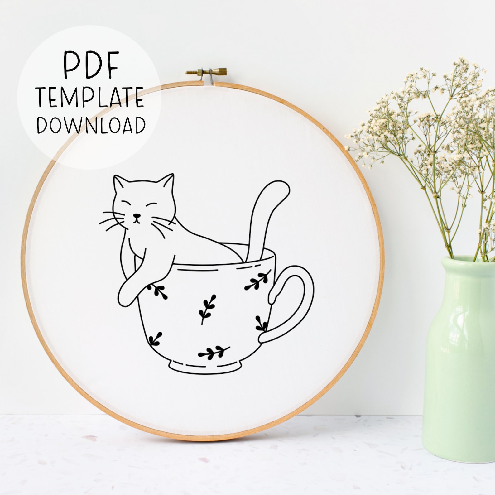 Cute Cat Embroidery Pattern Template Tea Embroidery Patterns DIY Coffee ...