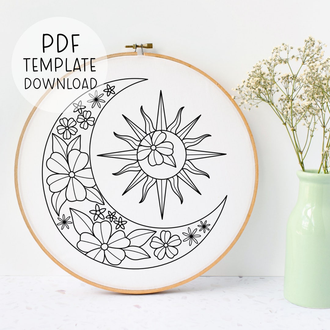 Floral Sun and Moon Embroidery Pattern PDF Download, Moon and Sun ...
