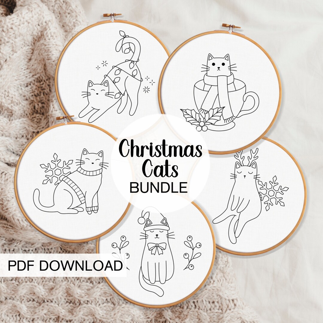 5 Christmas Cats Embroidery Pattern BUNDLE, Cute Cat Embroidery Designs ...
