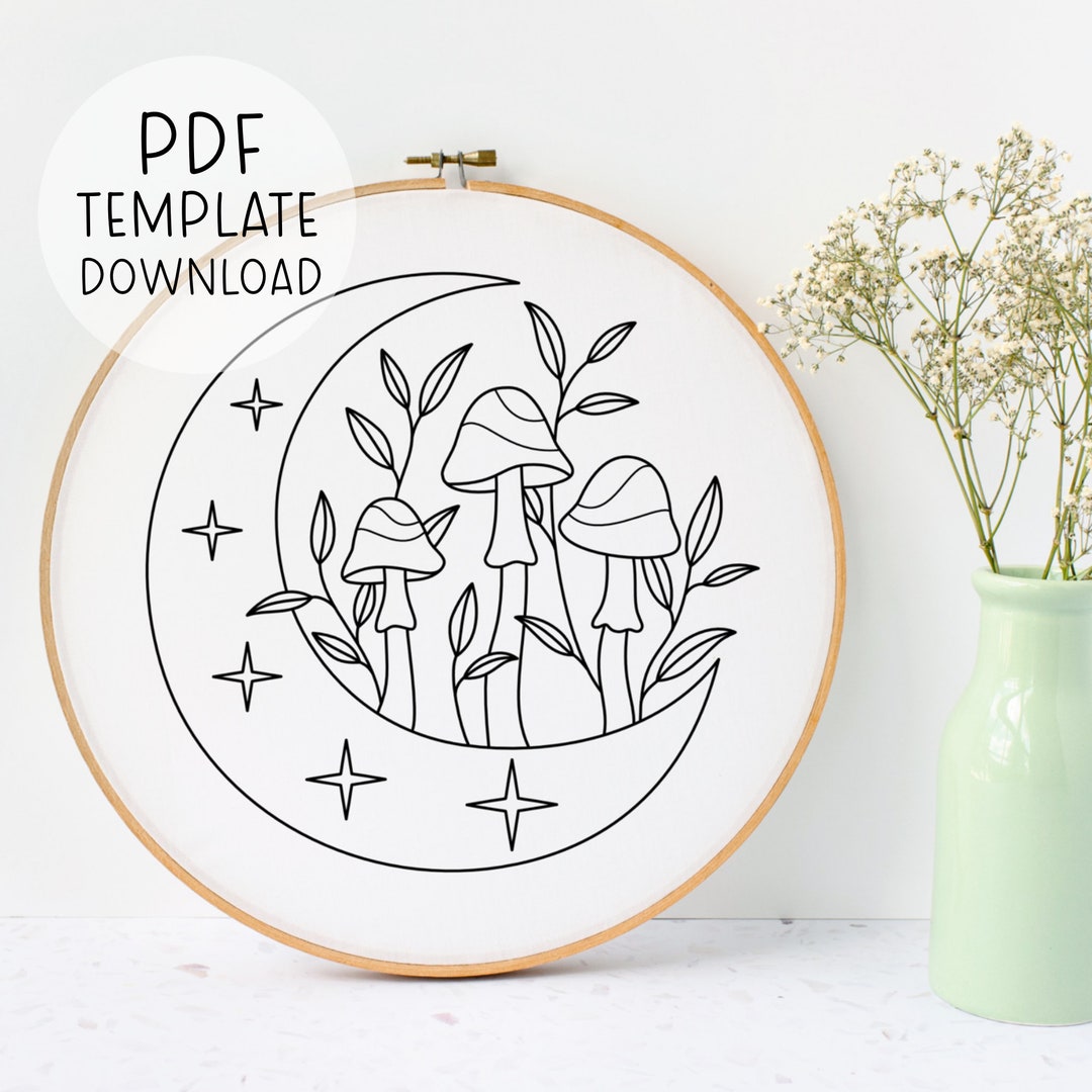 Mystical Moon Embroidery Pattern PDF, Mushroom Embroidery Design ...