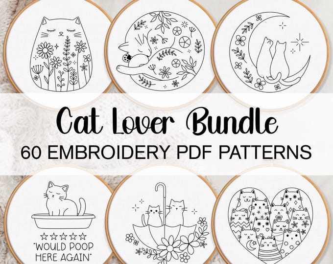 Beginner Floral Cat Embroidery Pattern Template Cat Design Embroidery ...