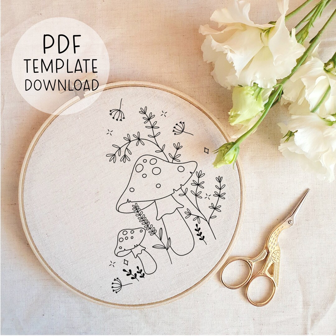 Mushrooms Embroidery Pattern Template Mushroomcore Mushroom Embroidery ...