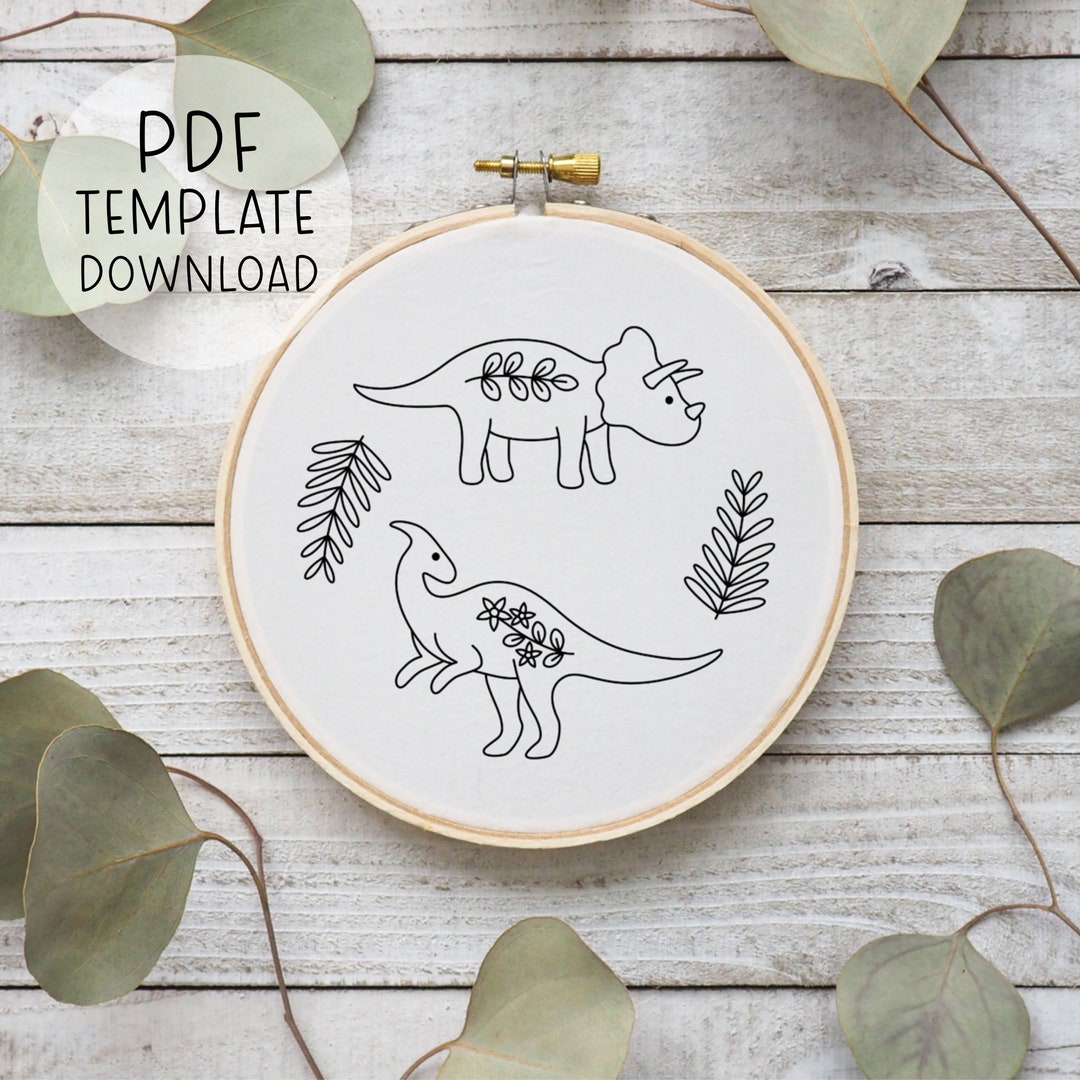 Floral Dinosaurs Hand Embroidery Pattern Template, Dinosaur Cute ...