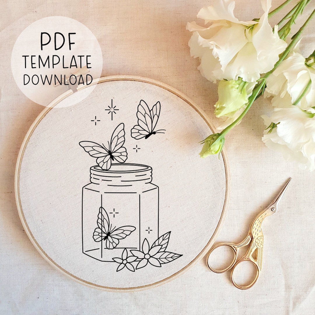 Butterfly Jar Embroidery Pattern Download, Insect Embroidery Design ...