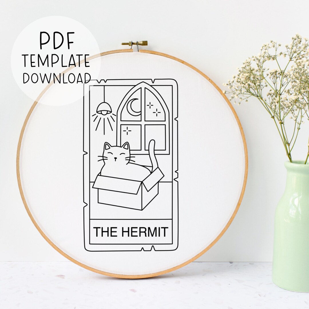The Hermit Tarot Card Embroidery Pattern Download, Cat Lover Embroidery ...