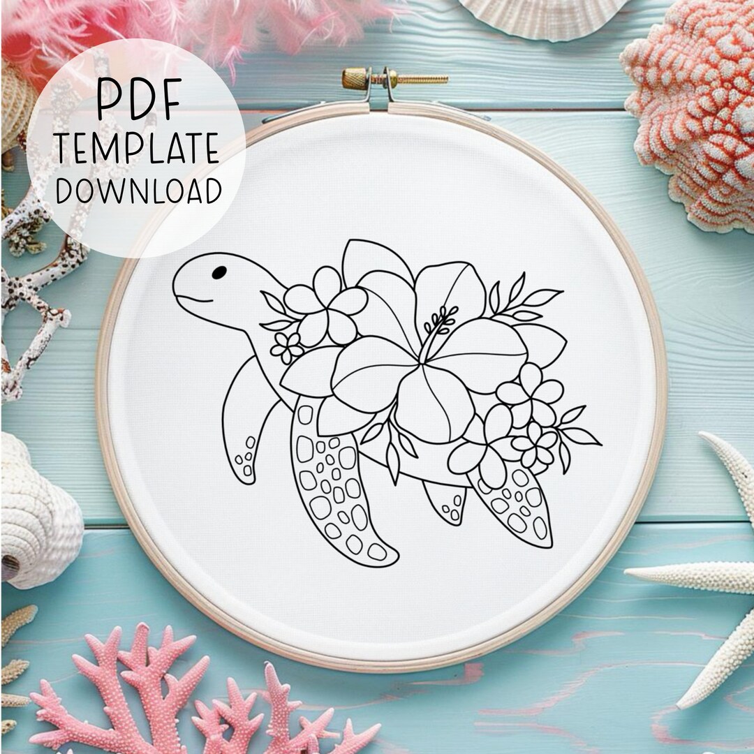 Summer Turtle Embroidery Pattern Download, Floral Turtle Needlepoint ...