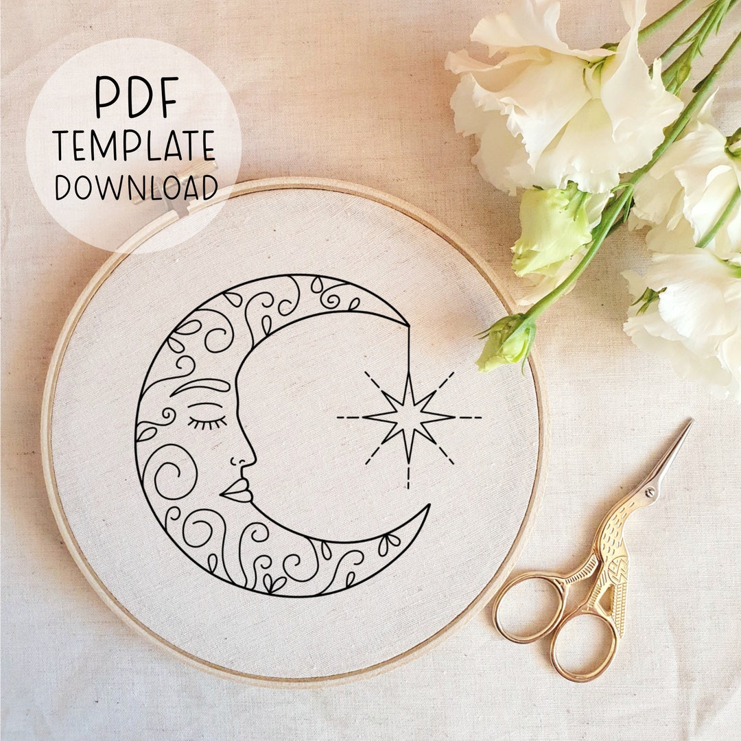 Moon Face Celestial Embroidery Pattern Design, PDF Instant Download ...